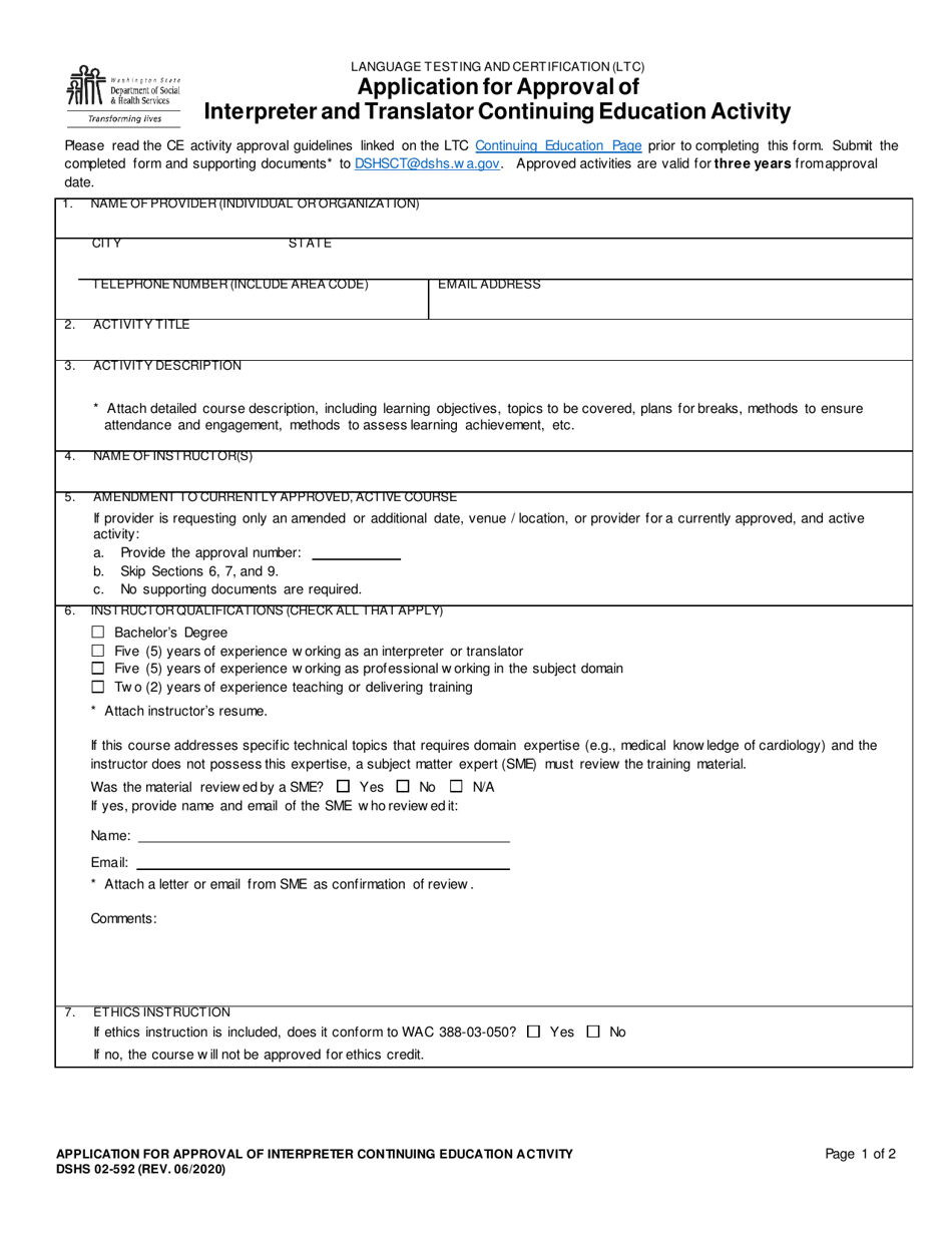 DSHS Form 02-592 Download Printable PDF or Fill Online Application for ...