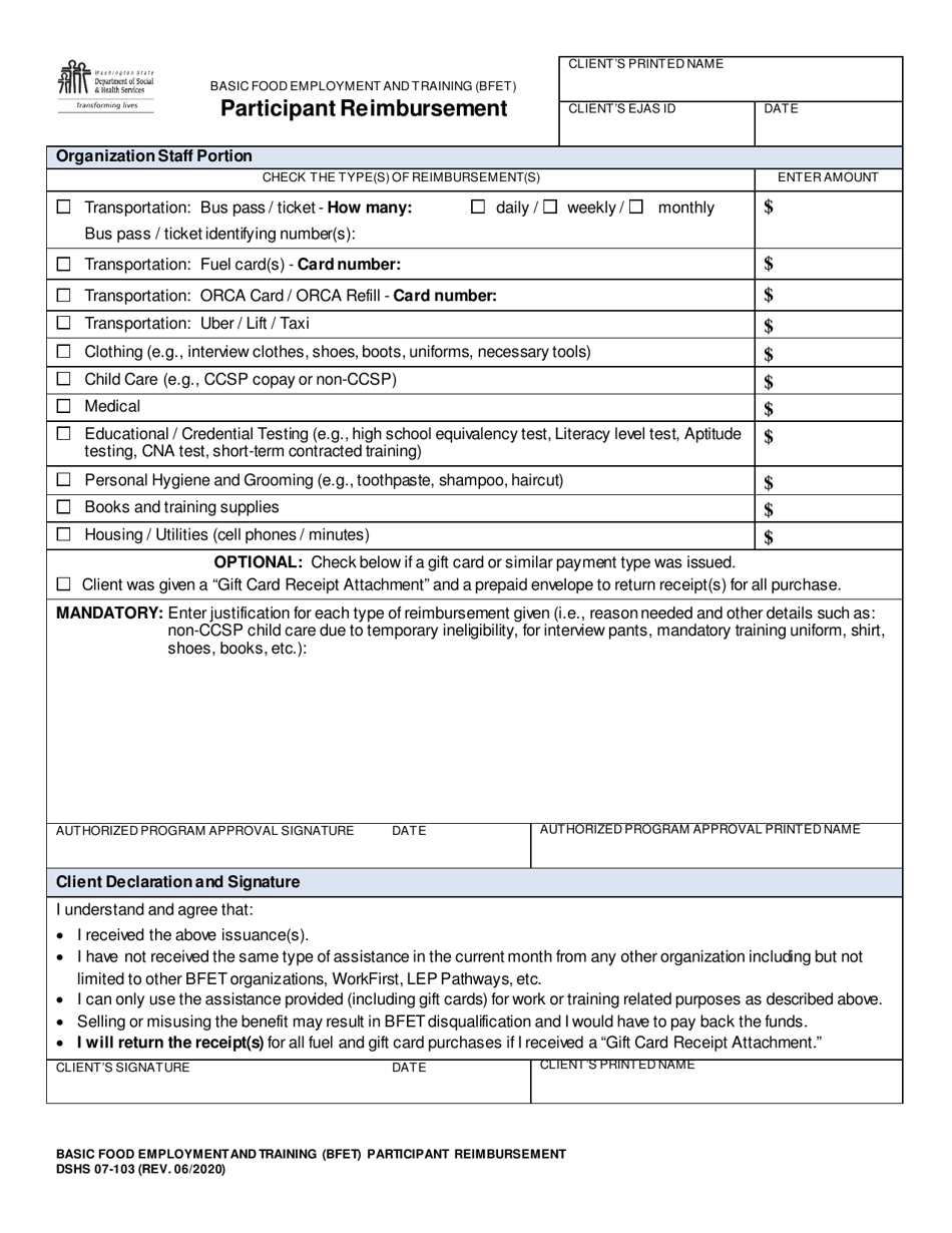 DSHS Form 07-103 Download Printable PDF or Fill Online Participant ...
