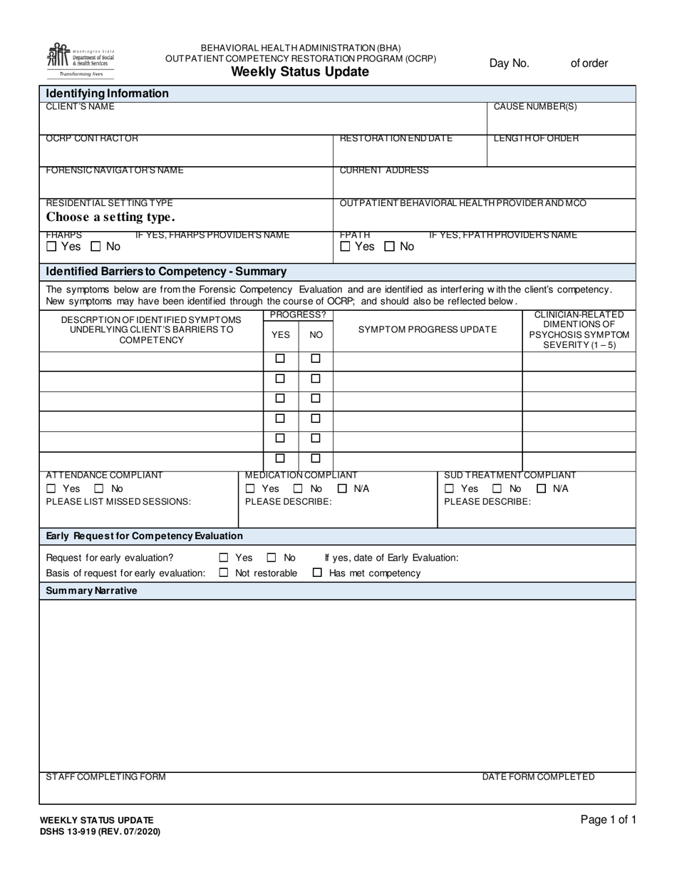 DSHS Form 13-919 Download Printable PDF or Fill Online Weekly Status ...