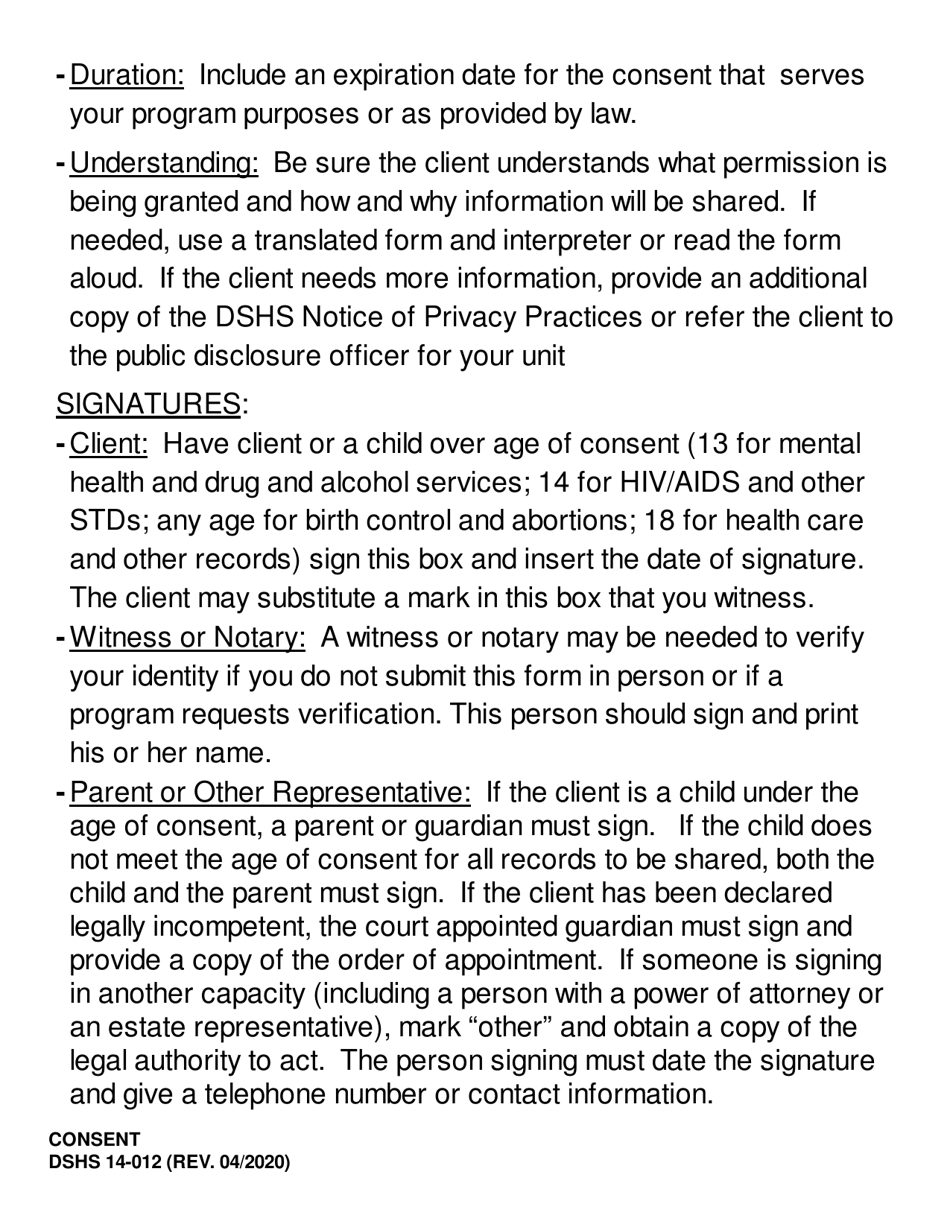 Dshs Form 14 012 Fill Out Sign Online And Download Printable Pdf