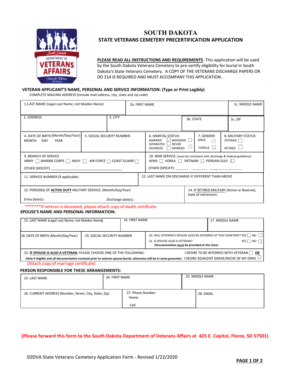 South Dakota State Veterans Cemetery Precertification Application ...