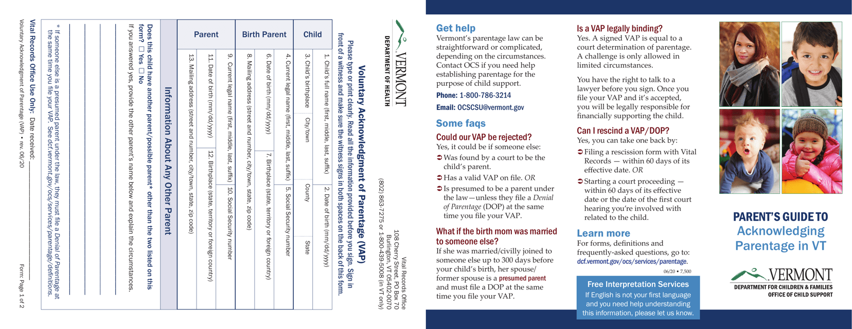 Vermont Voluntary Acknowledgment of Parentage (Vap) Download Printable ...