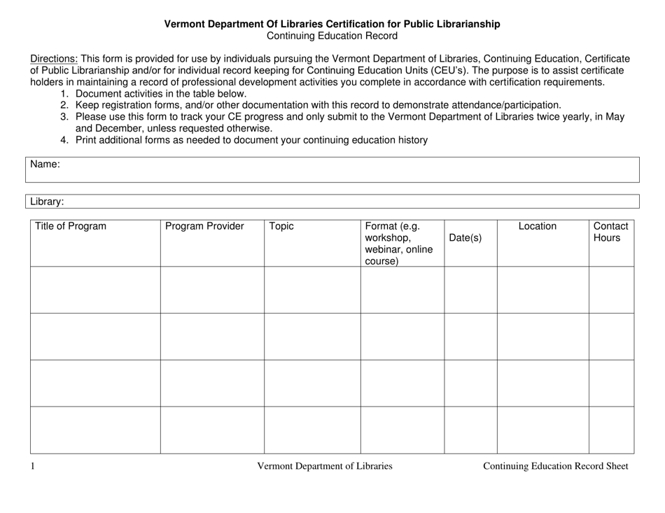 Vermont Continuing Education Record - Fill Out, Sign Online and ...
