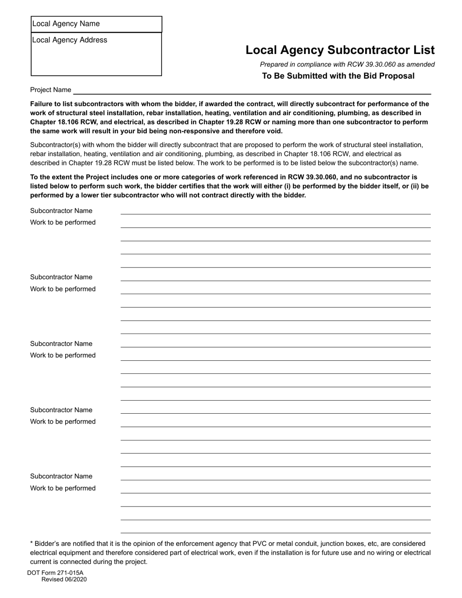 DOT Form 271-015A Download Fillable PDF or Fill Online Local Agency ...