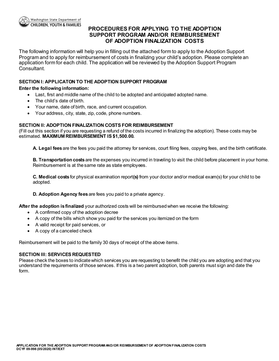 DCYF Form 09-998 Download Fillable PDF or Fill Online Application for ...