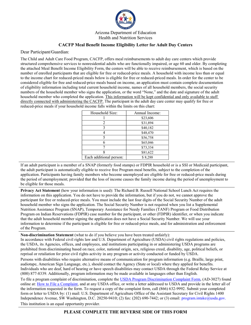 Arizona CACFP Meal Benefit Income Eligibility Letter for Adult Day ...