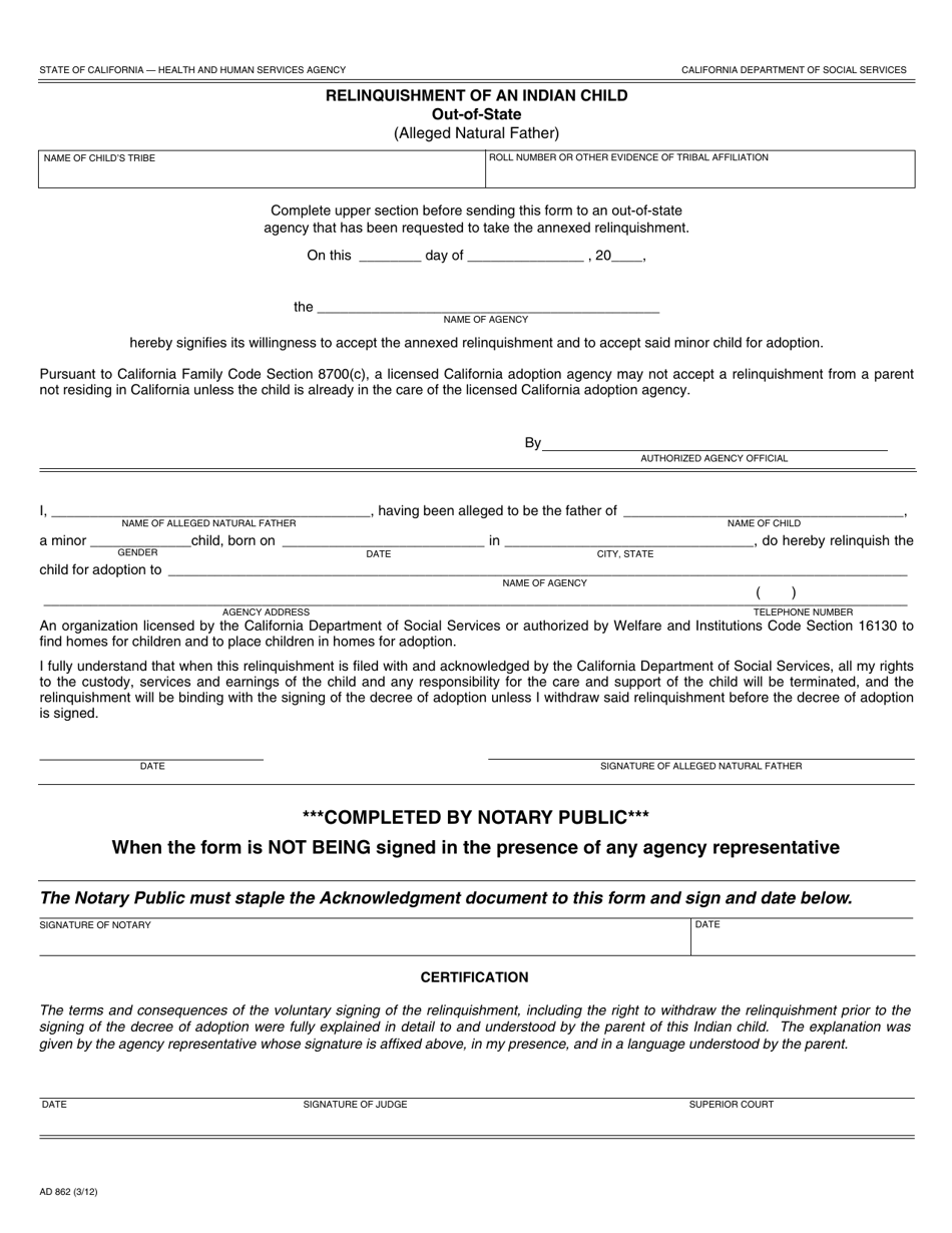 Form AD862 - Fill Out, Sign Online and Download Fillable PDF ...
