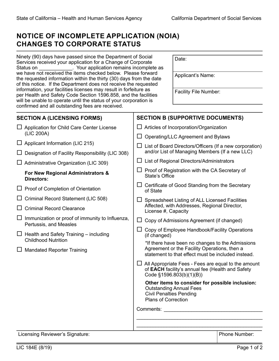 Form LIC184E Download Fillable PDF or Fill Online Notice of Incomplete ...