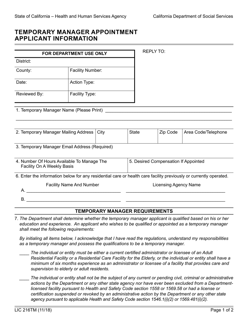 Form LIC216TM - Fill Out, Sign Online and Download Fillable PDF ...