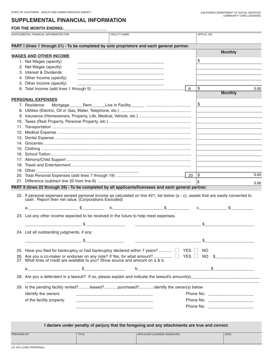 Form LIC401A - Fill Out, Sign Online and Download Fillable PDF ...