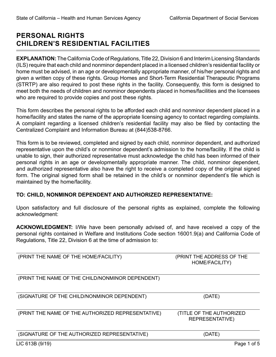 Form LIC613B Download Fillable PDF or Fill Online Personal Rights ...