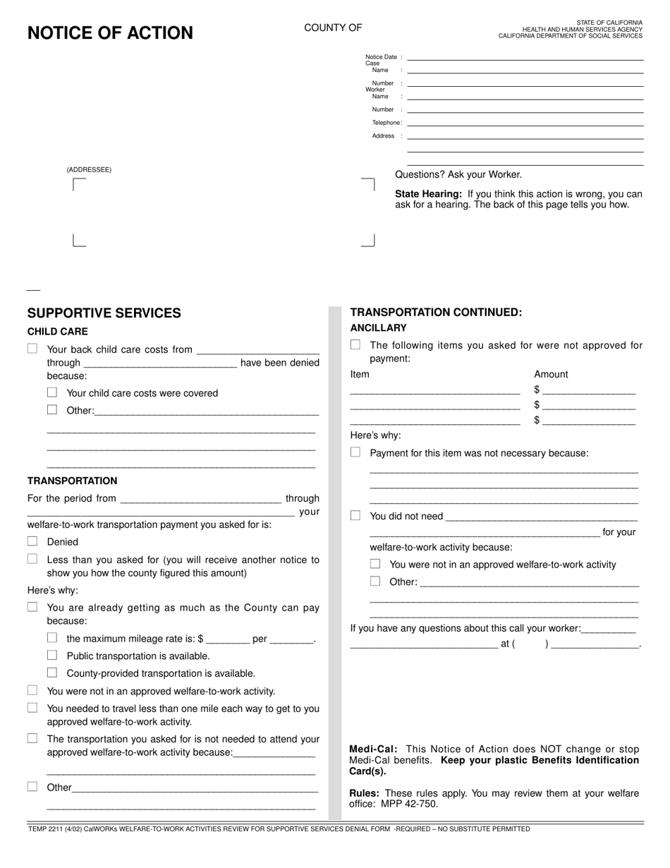 Form TEMP2211 - Fill Out, Sign Online and Download Fillable PDF, California | Templateroller