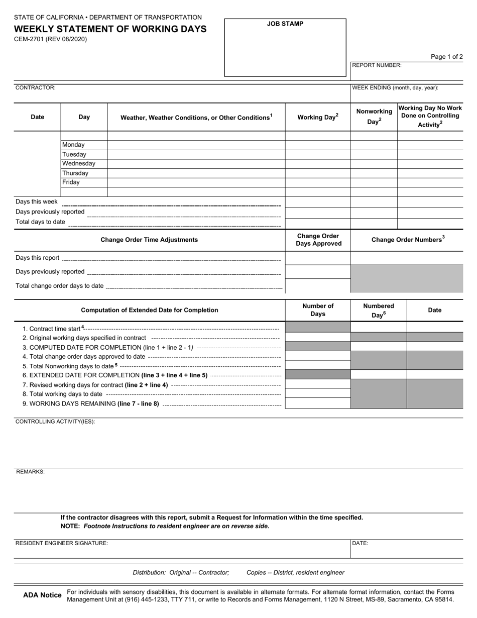 Form CEM-2701 Download Fillable PDF or Fill Online Weekly Statement of ...