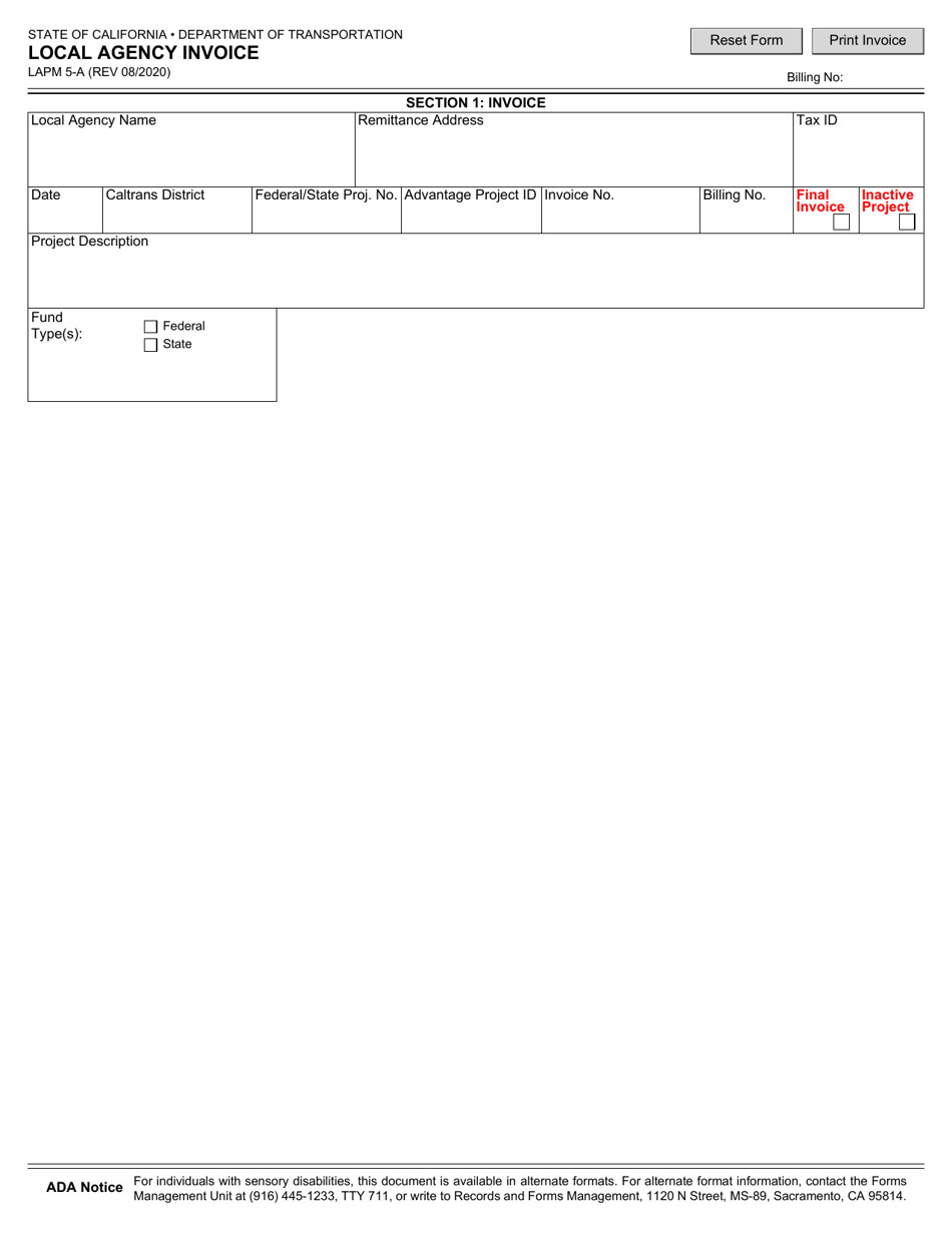 Form LAPM5-A Download Fillable PDF or Fill Online Local Agency Invoice ...