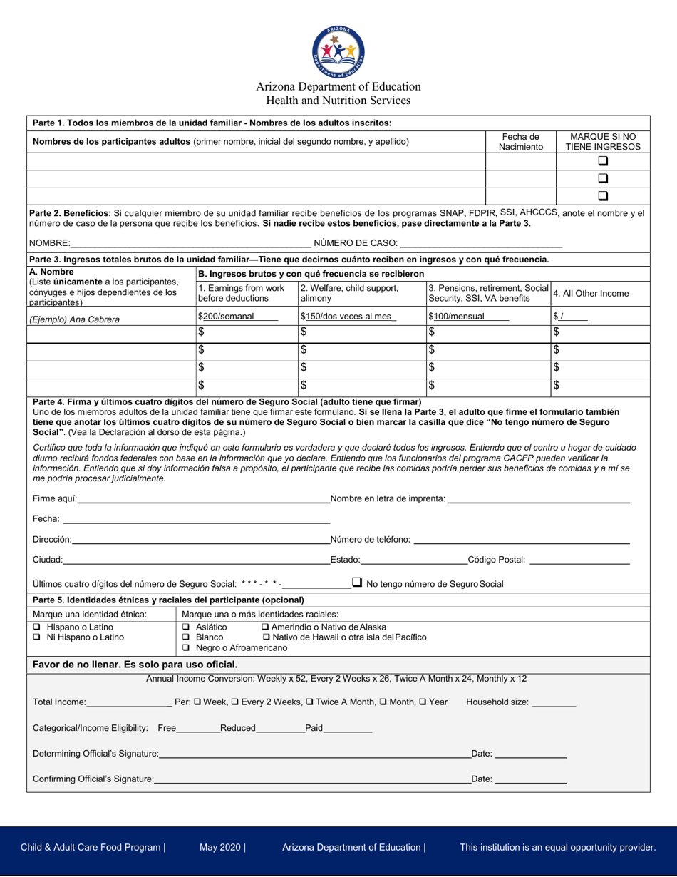 Arizona Meal Benefit Income Eligibility Form (Spanish) - Fill Out, Sign ...