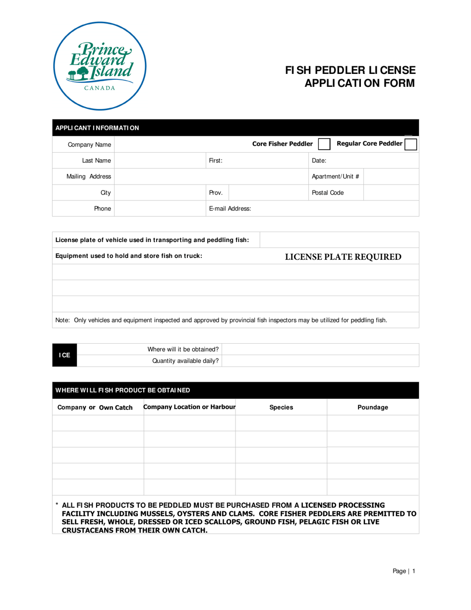 Prince Edward Island Canada Fish Peddler License Application Form ...