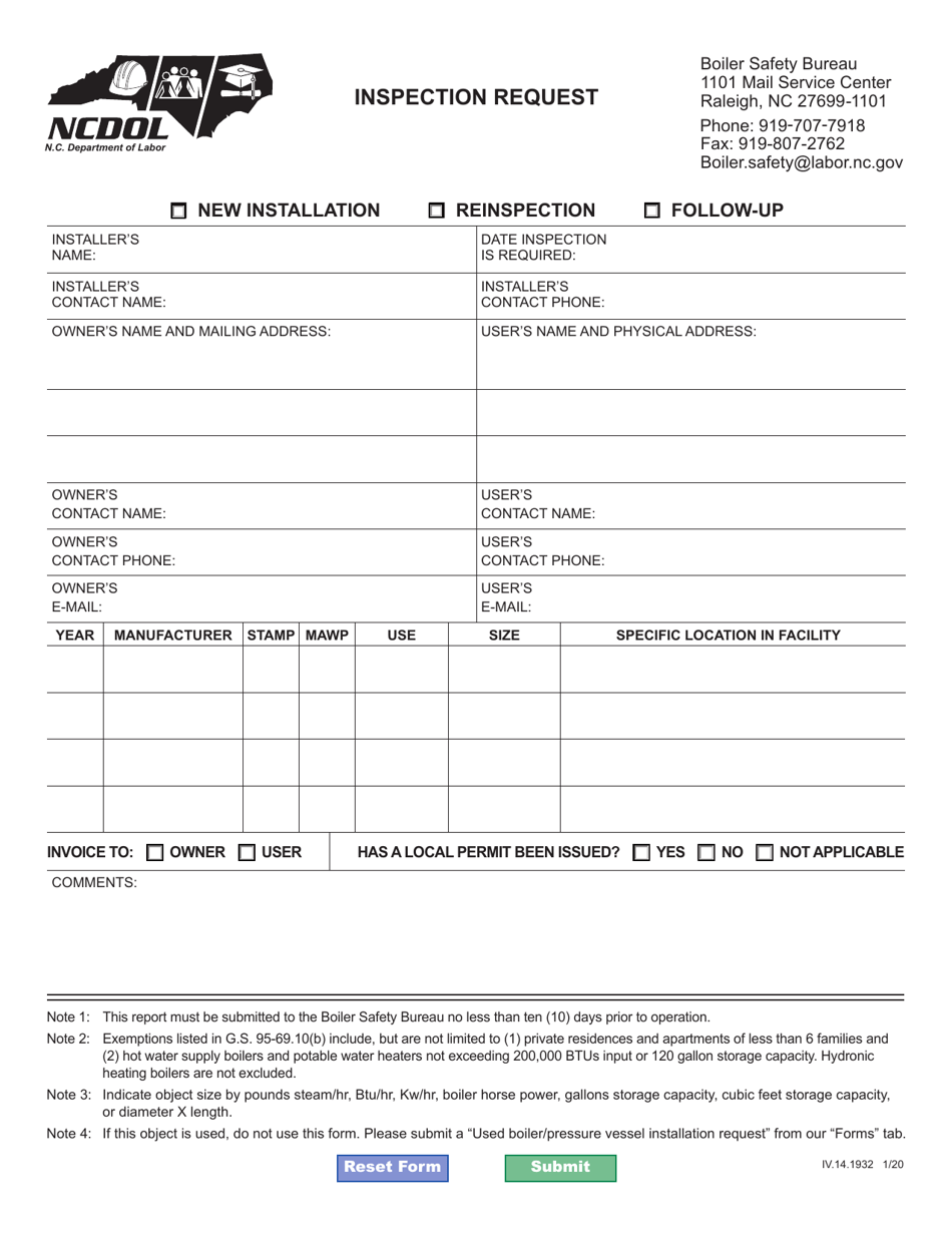 North Carolina Boiler or Pressure Vessel Inspection Request - Fill Out ...