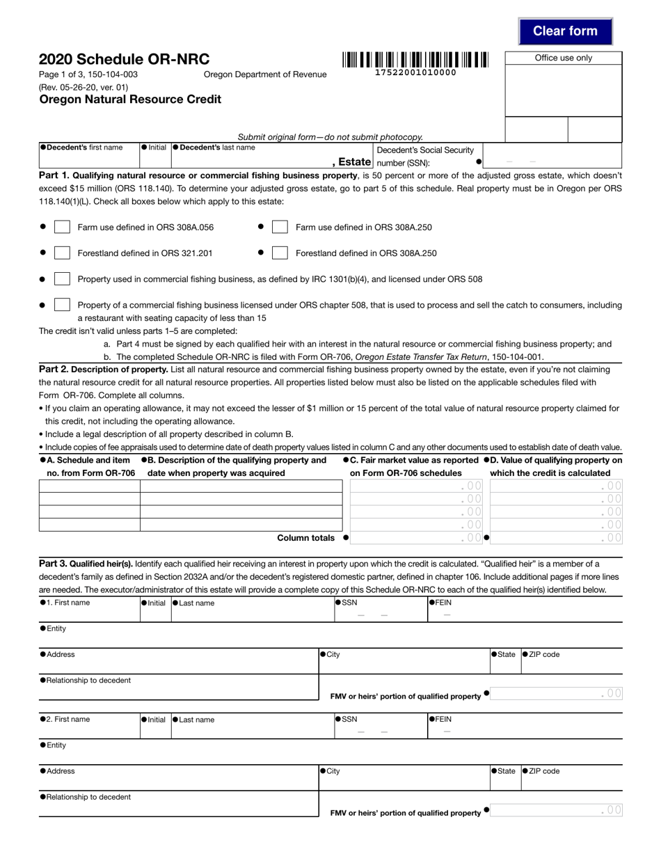 Form 150-104-003 Schedule OR-NRC - 2020 - Fill Out, Sign Online and ...