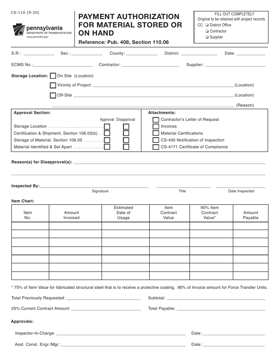 Form CS-110 Download Fillable PDF or Fill Online Payment Authorization ...