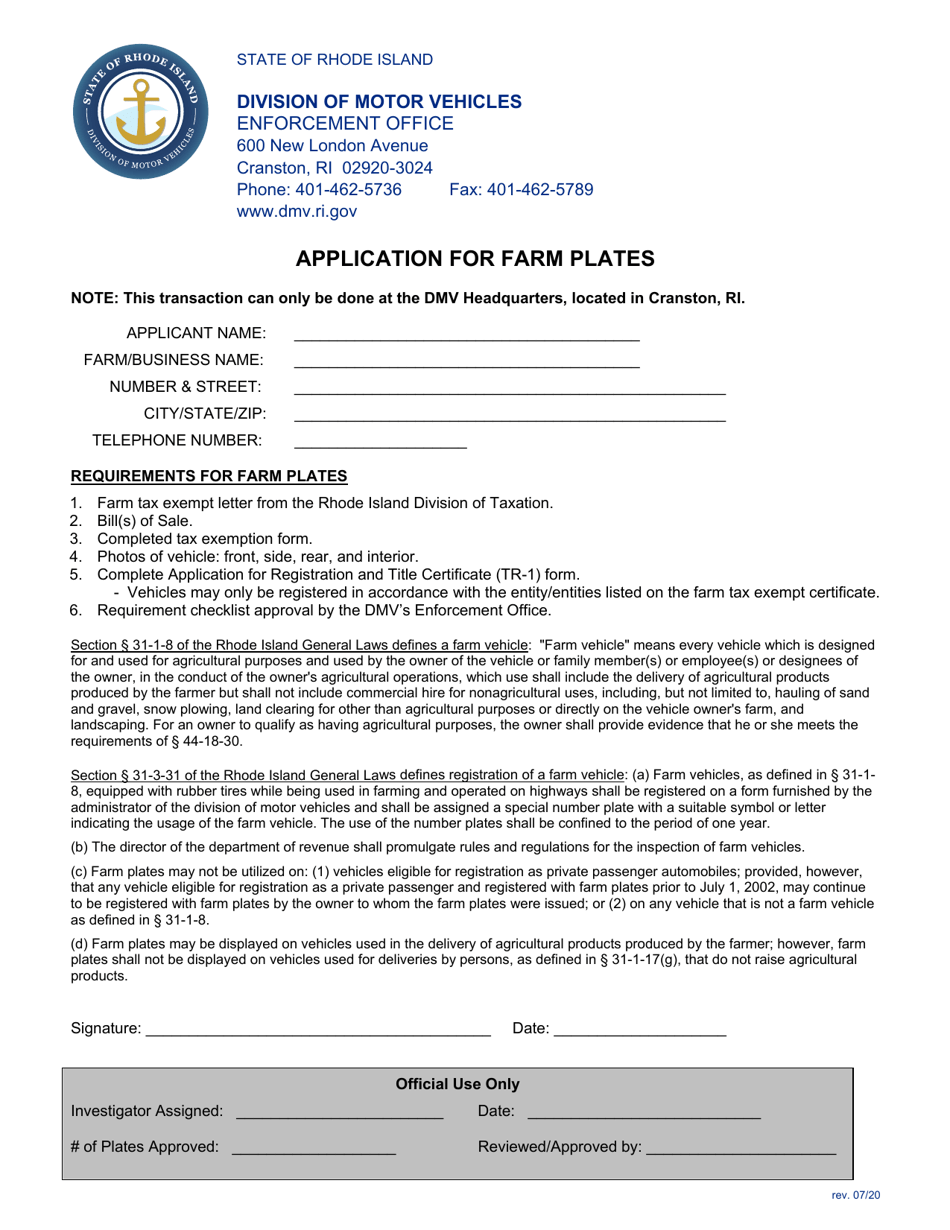 Rhode Island Application for Farm Plates - Fill Out, Sign Online and ...