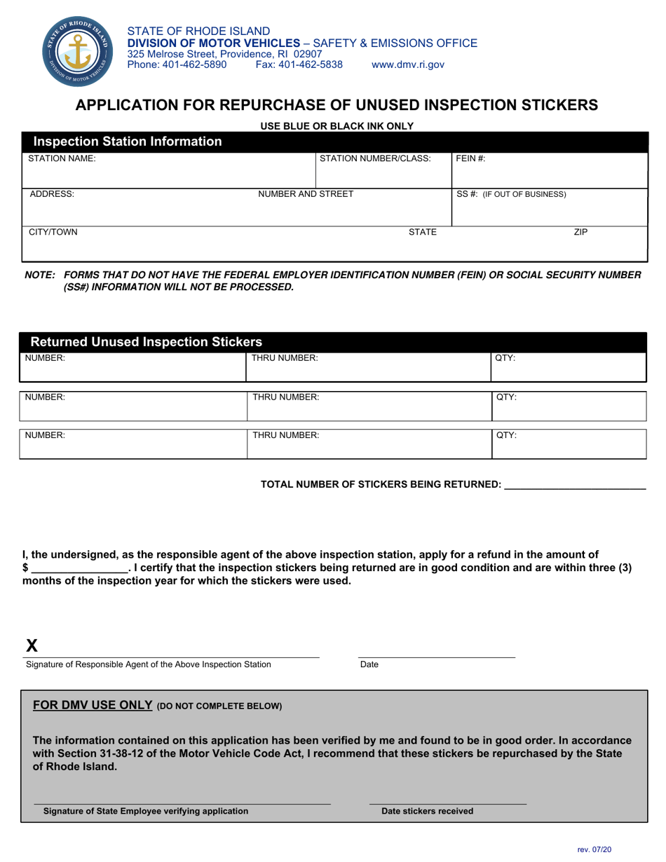Rhode Island Application for Repurchase of Unused Inspection Stickers ...