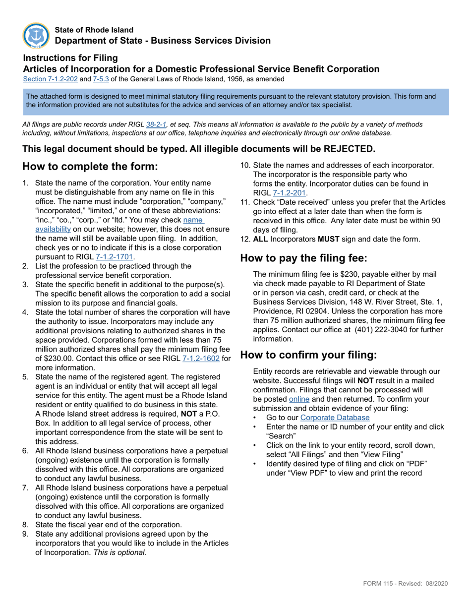 Form 115 Download Fillable PDF or Fill Online Articles of Incorporation ...