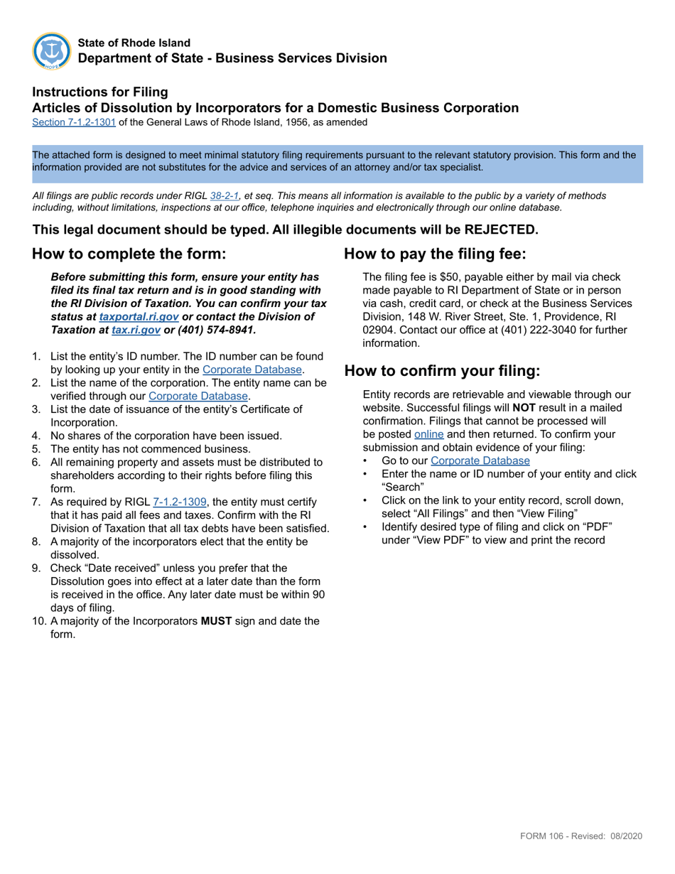 Form 106 Download Fillable PDF or Fill Online Articles of Dissolution ...