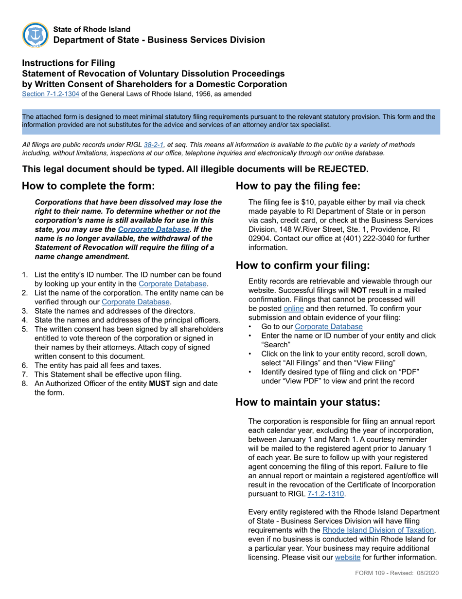 Form 109 Download Fillable PDF or Fill Online Statement of Revocation ...