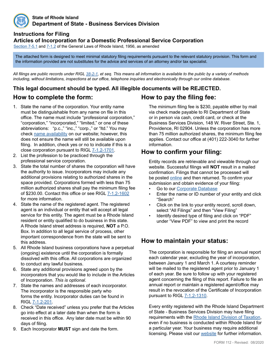 Form 112 Download Fillable PDF or Fill Online Articles of Incorporation ...