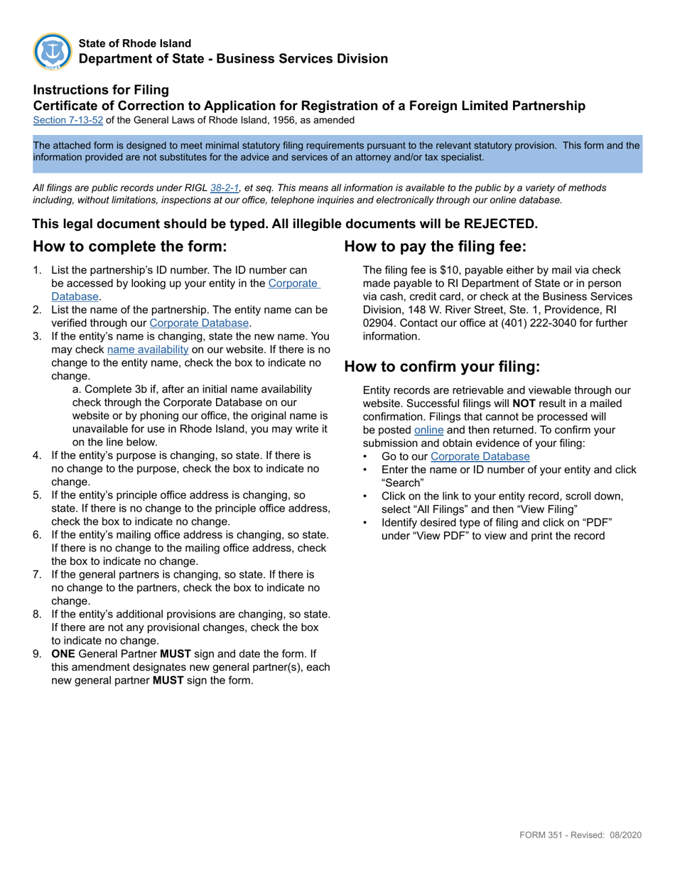 Form 351 - Fill Out, Sign Online and Download Fillable PDF, Rhode ...