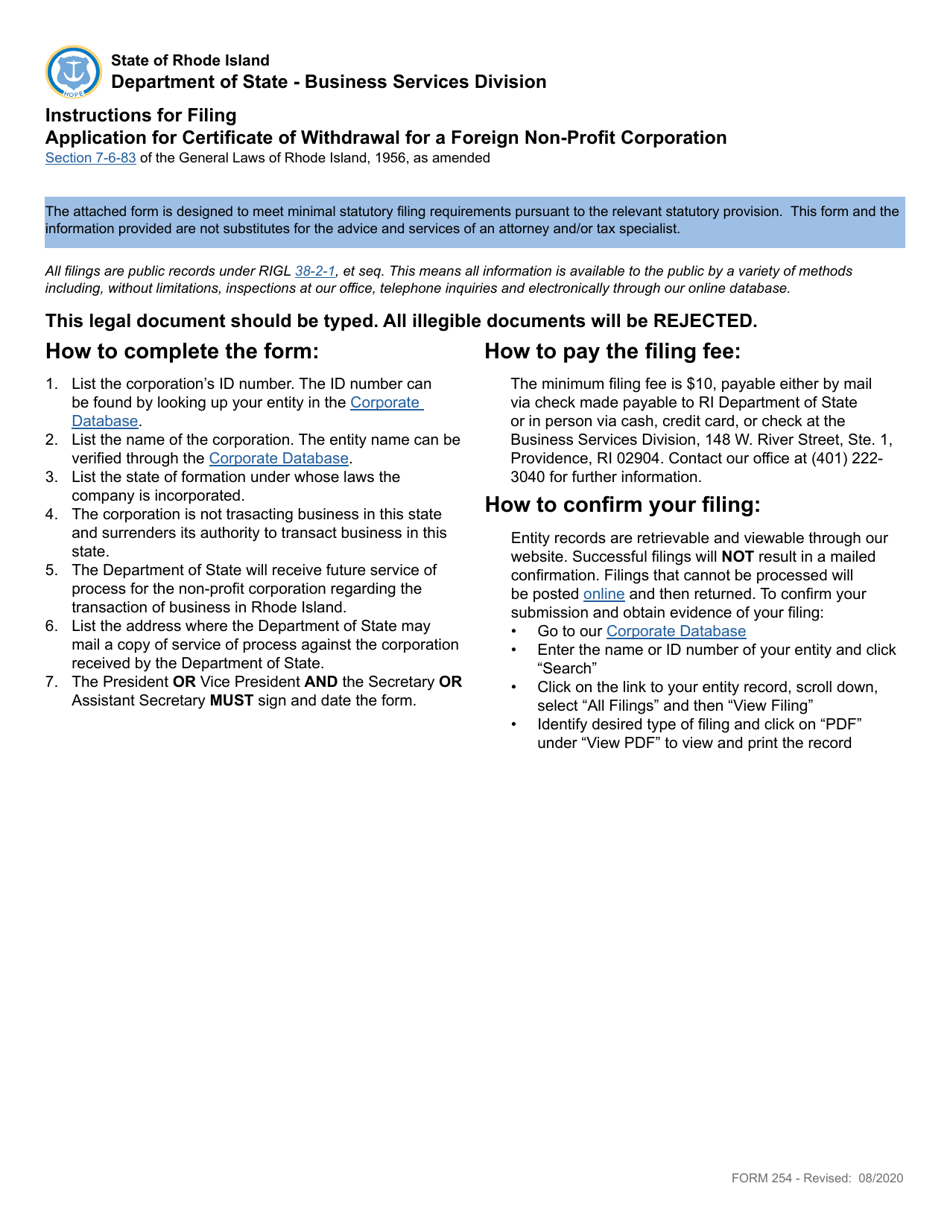 Form 254 - Fill Out, Sign Online and Download Fillable PDF, Rhode ...