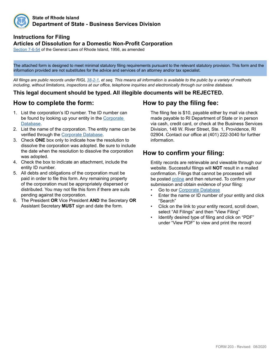 Form 203 Download Printable PDF or Fill Online Articles of Dissolution ...