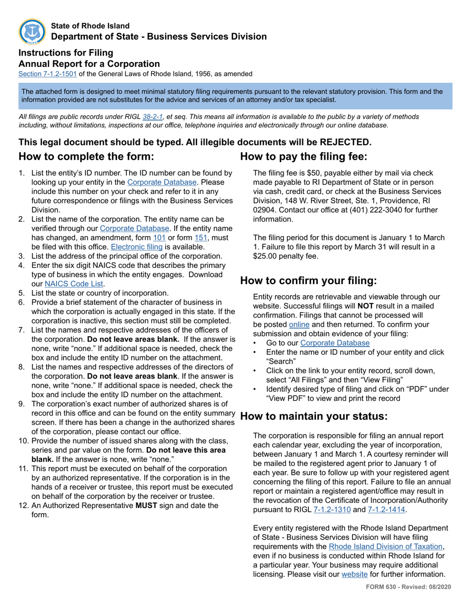 Form 630 - Fill Out, Sign Online and Download Fillable PDF, Rhode ...