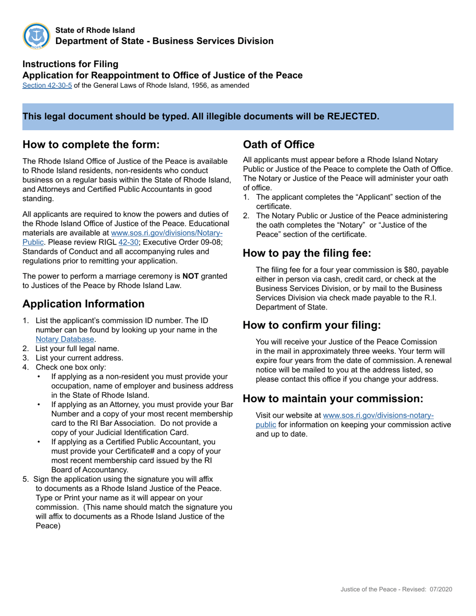 Rhode Island Application for Reappointment to Office of Justice of the ...