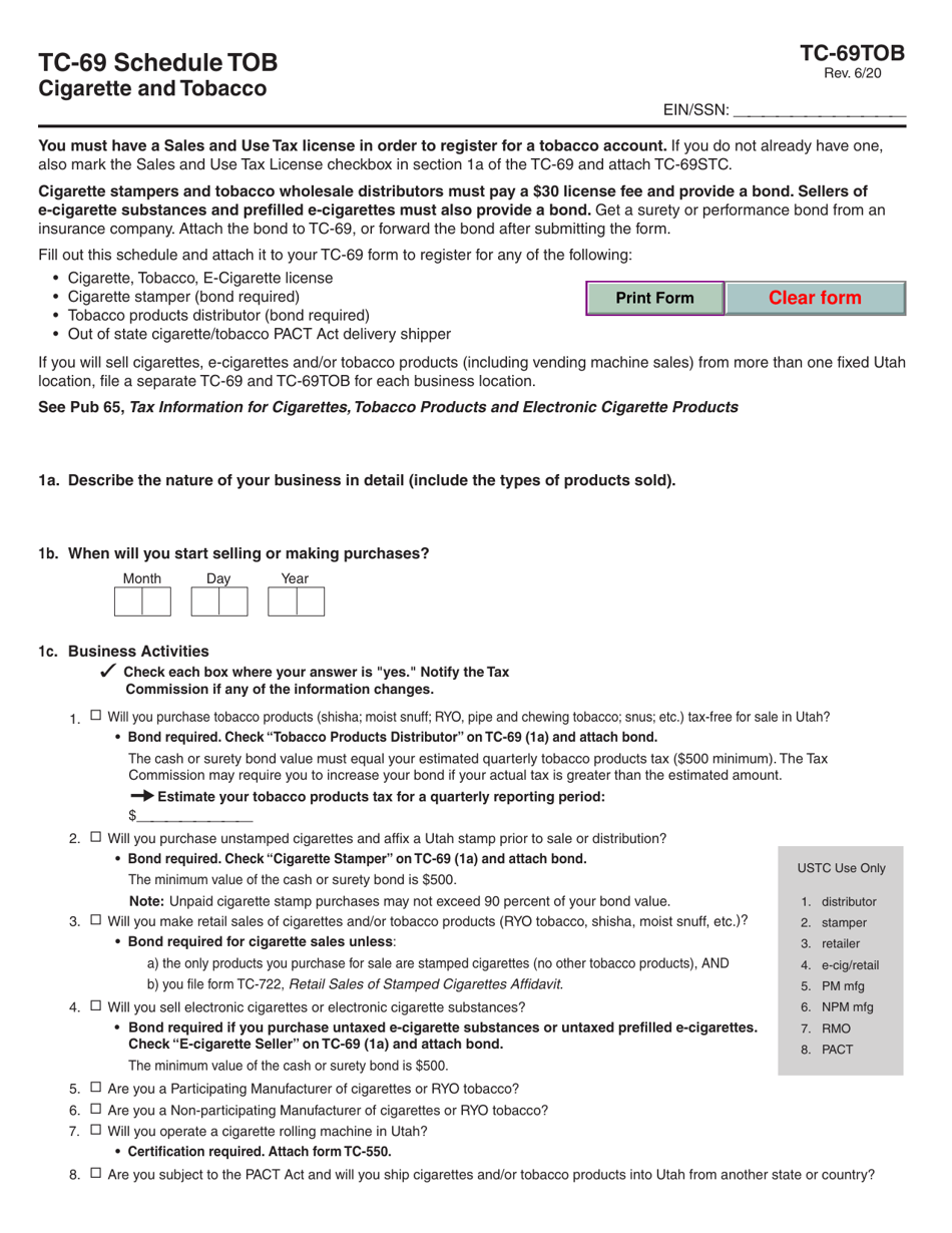 Form TC-69 Schedule TOB Download Fillable PDF or Fill Online Cigarette ...