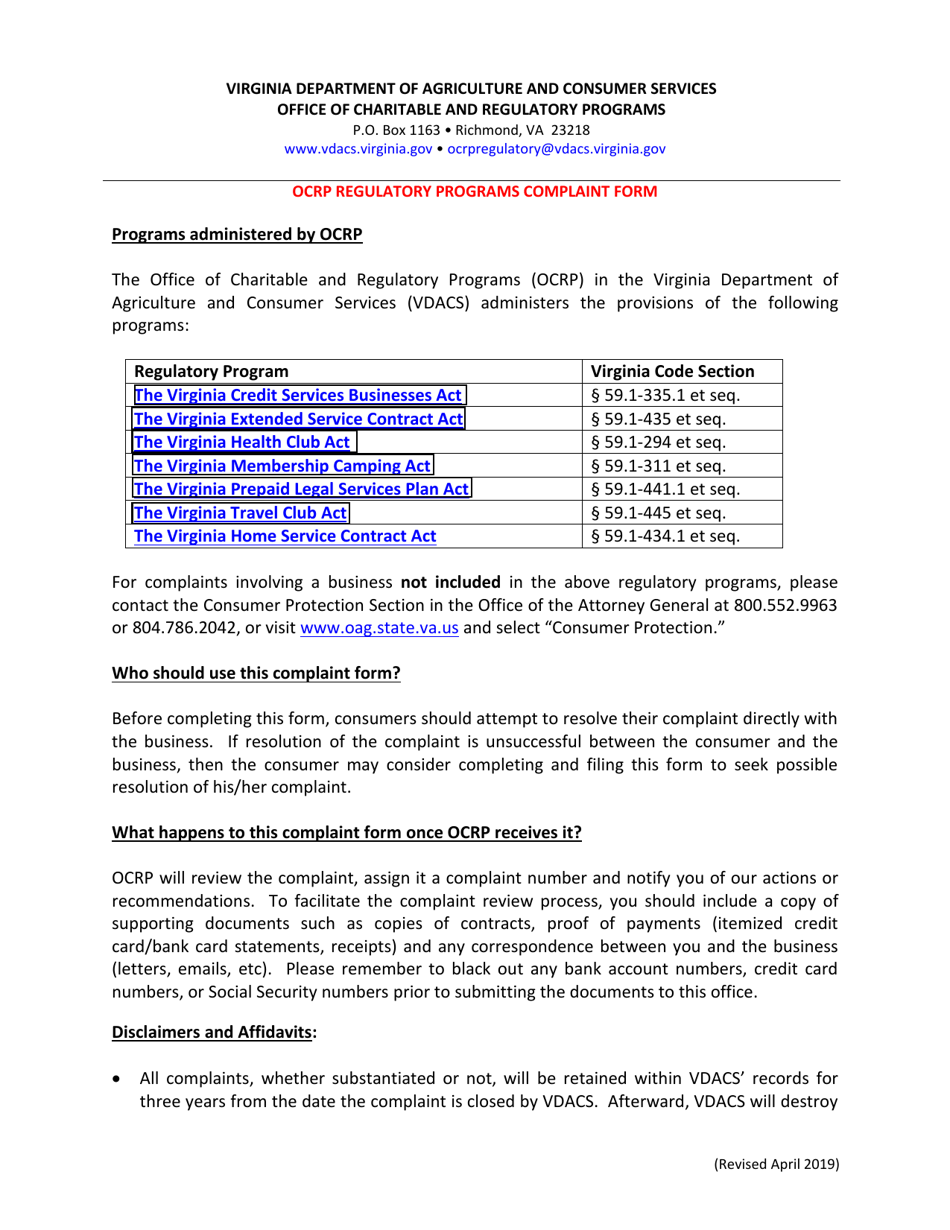 Virginia Regulatory Programs Complaint Form - Fill Out, Sign Online and ...