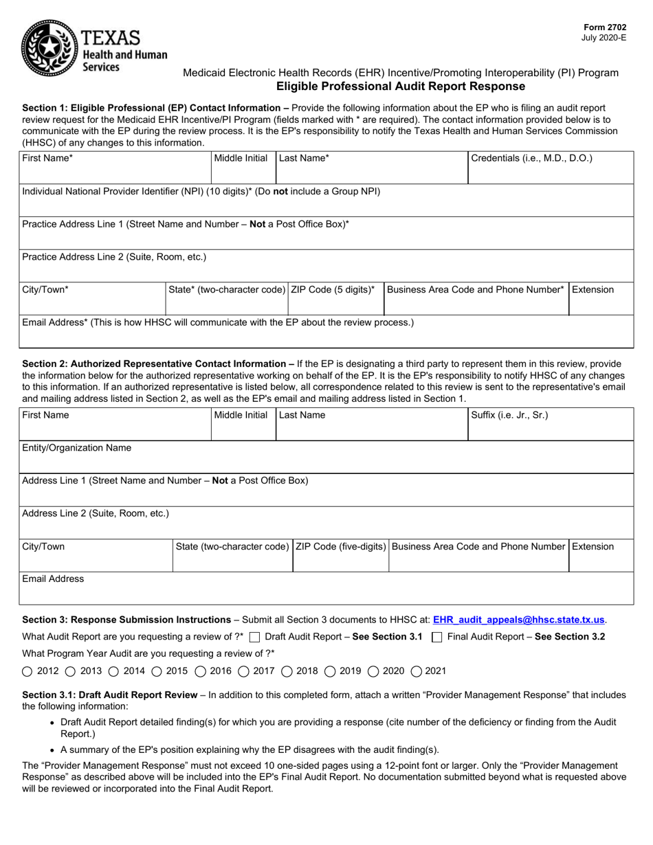 Form 2702 Download Fillable PDF or Fill Online Eligible Professional ...