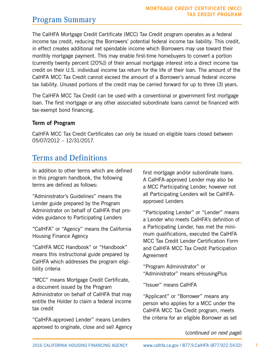 2016 California Mortgage Credit Certificate (Mcc) Tax Credit Program Handbook - Fill Out, Sign ...