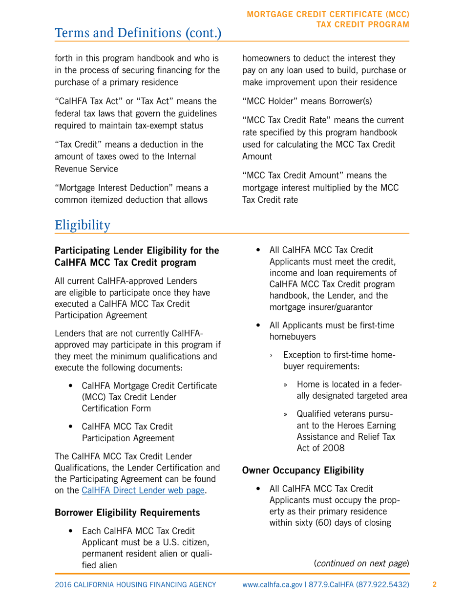 2016 California Mortgage Credit Certificate (Mcc) Tax Credit Program Handbook - Fill Out, Sign ...