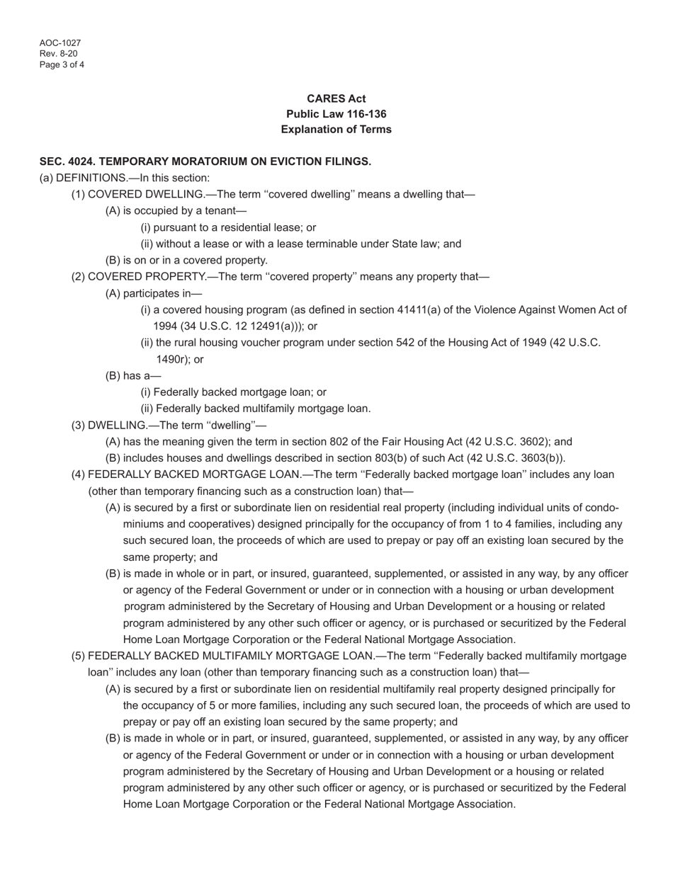 Form AOC 1027 Download Fillable PDF Or Fill Online Verification Of Compliance With Cares Act form-aoc-1027-download-fillable-pdf-or-fill-online-verification-of-compliance-with-cares-act