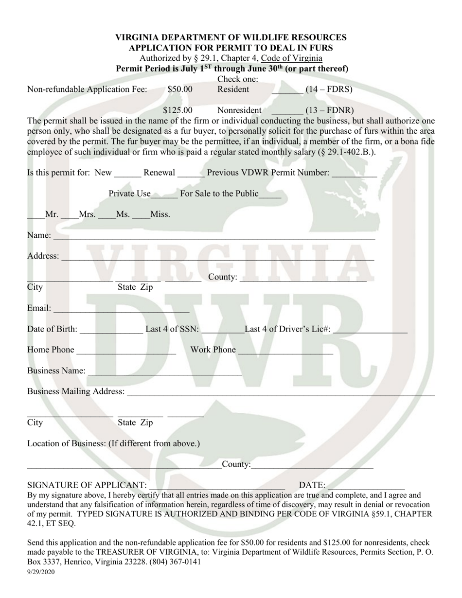 Virginia Application for Permit to Deal in Furs Download Fillable PDF ...