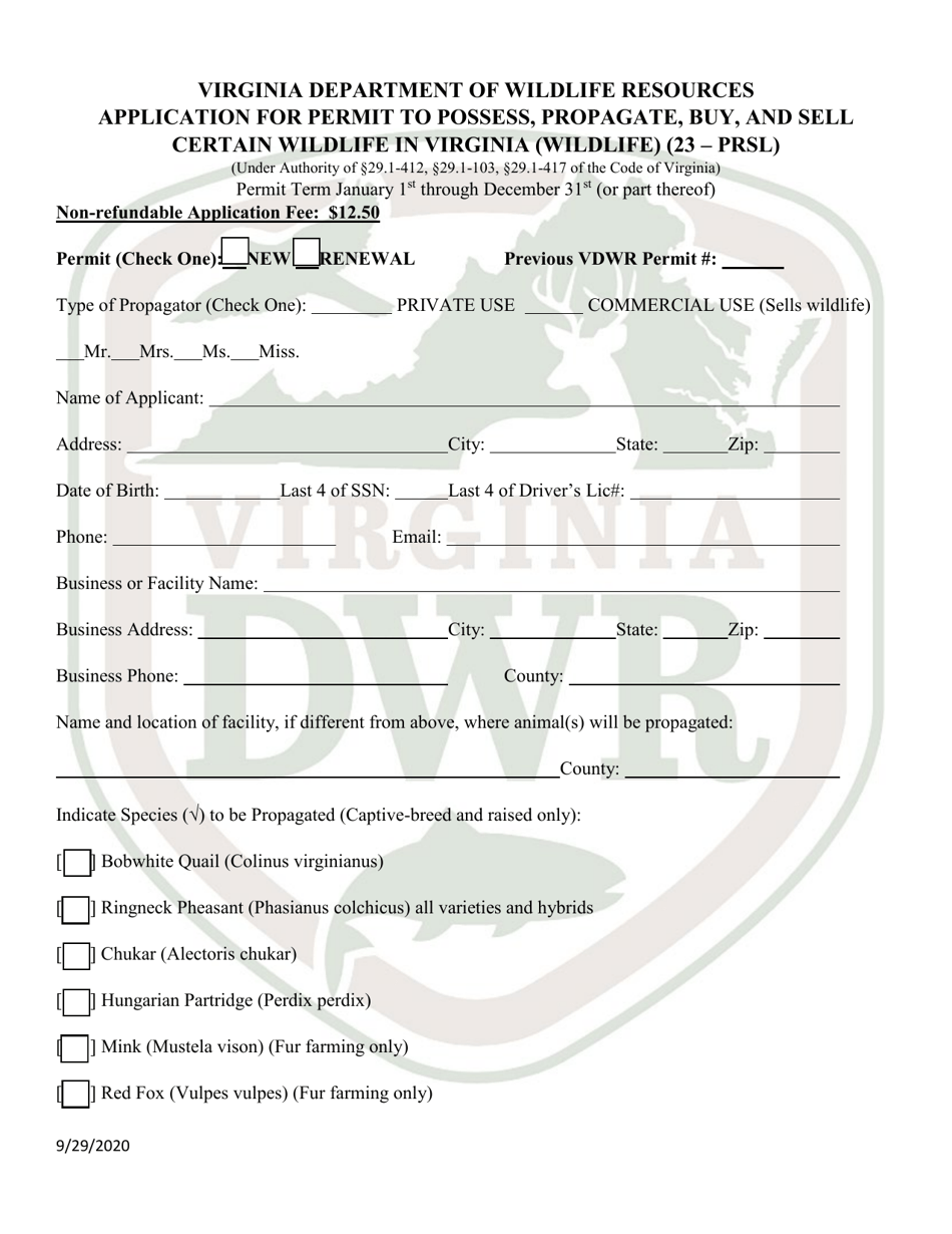 Virginia Application for Permit to Possess, Propagate, Buy, and Sell ...