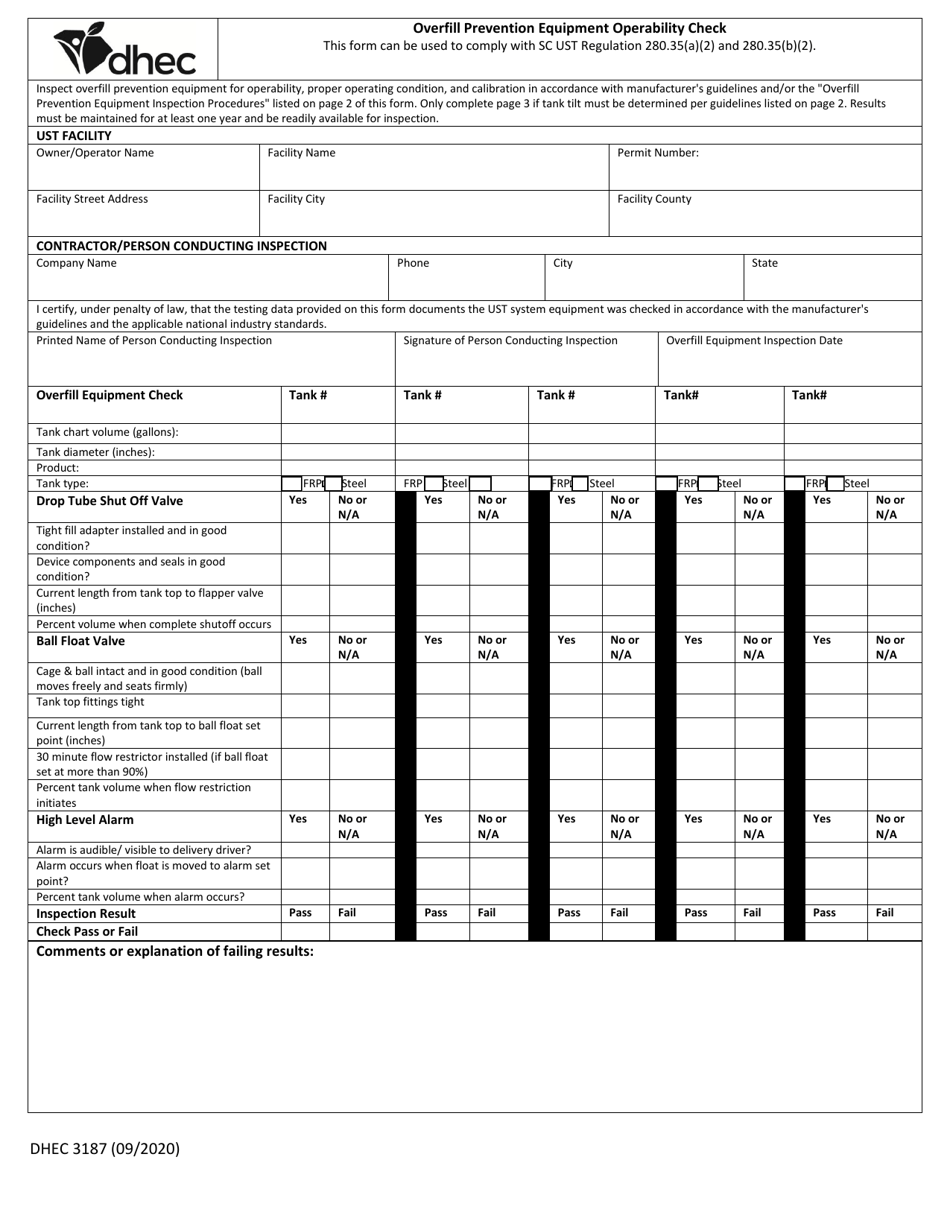 DHEC Form 3187 Download Fillable PDF or Fill Online Overfill Prevention ...