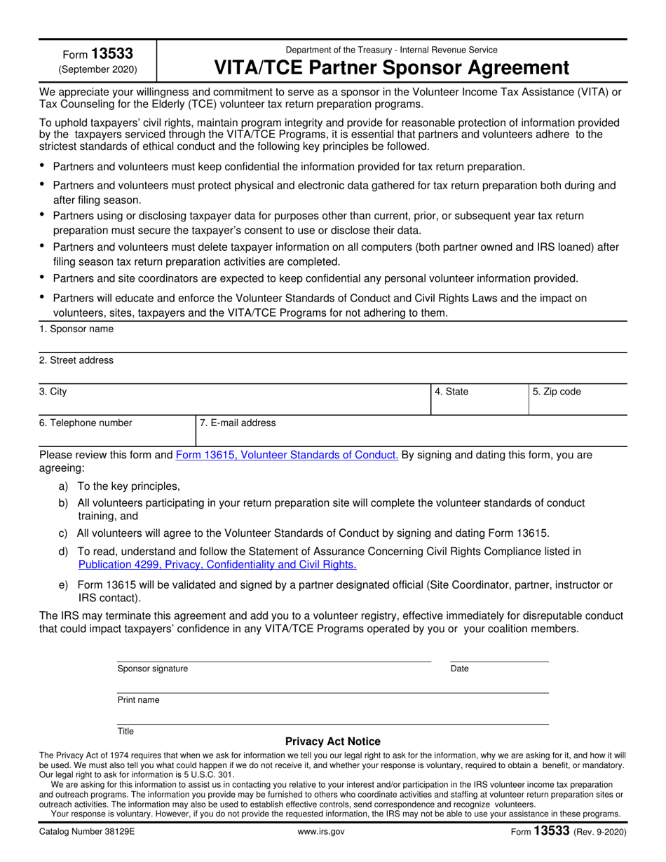IRS Form 13533 Download Fillable PDF or Fill Online Vita/Tce Partner Sponsor Agreement ...