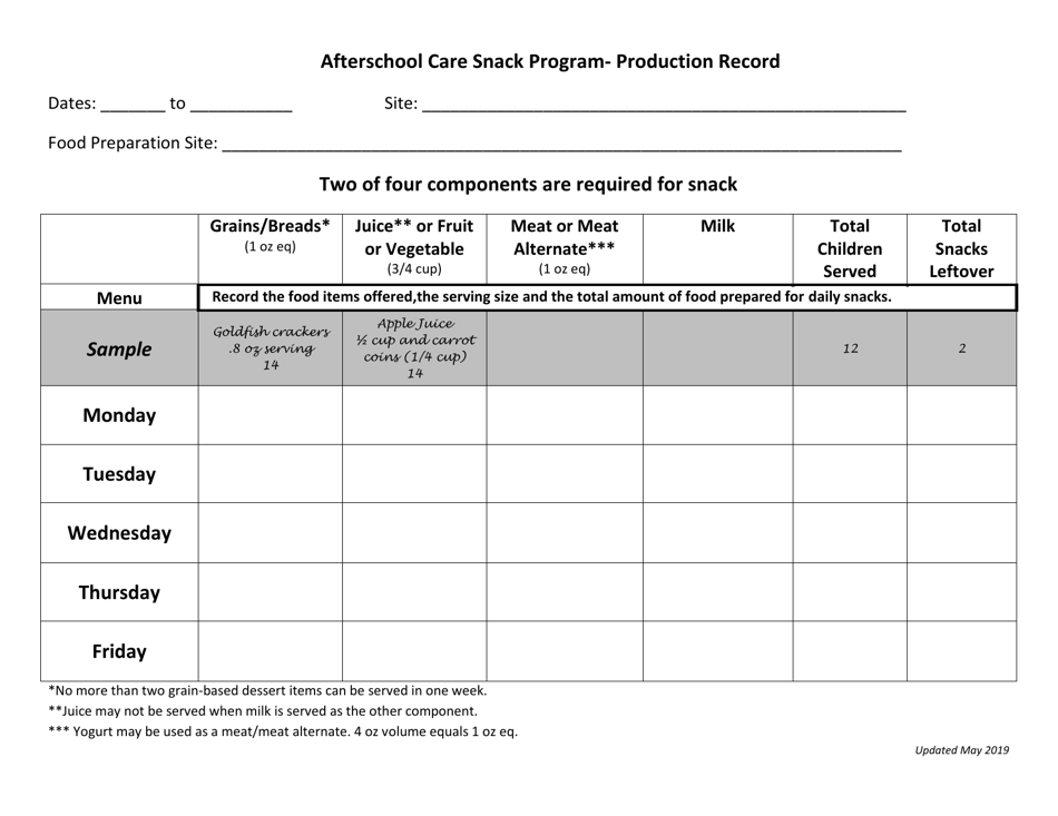 Arizona Afterschool Care Snack Program - Production Record - Fill Out ...