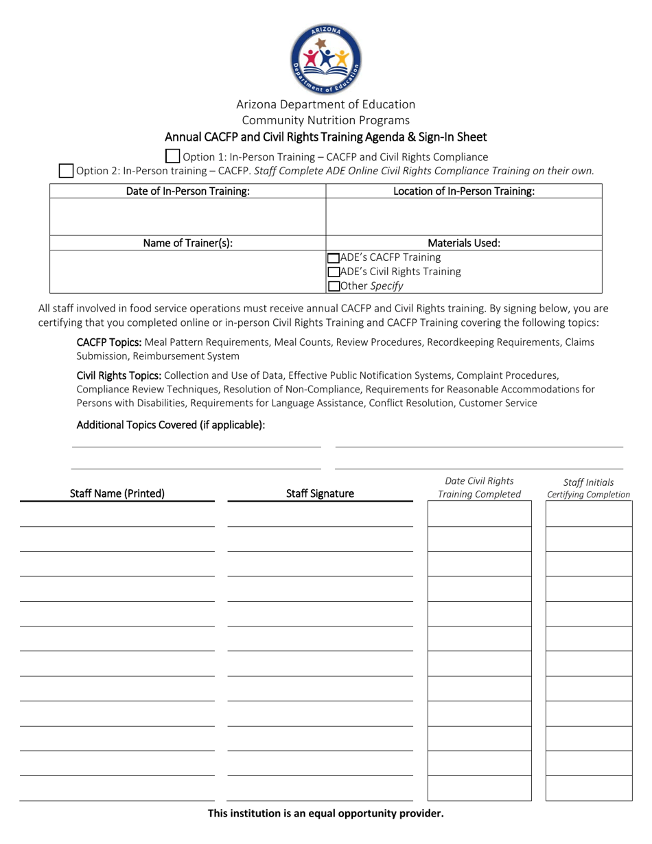 Arizona Annual CACFP and Civil Rights Training Agenda & Sign-In Sheet ...