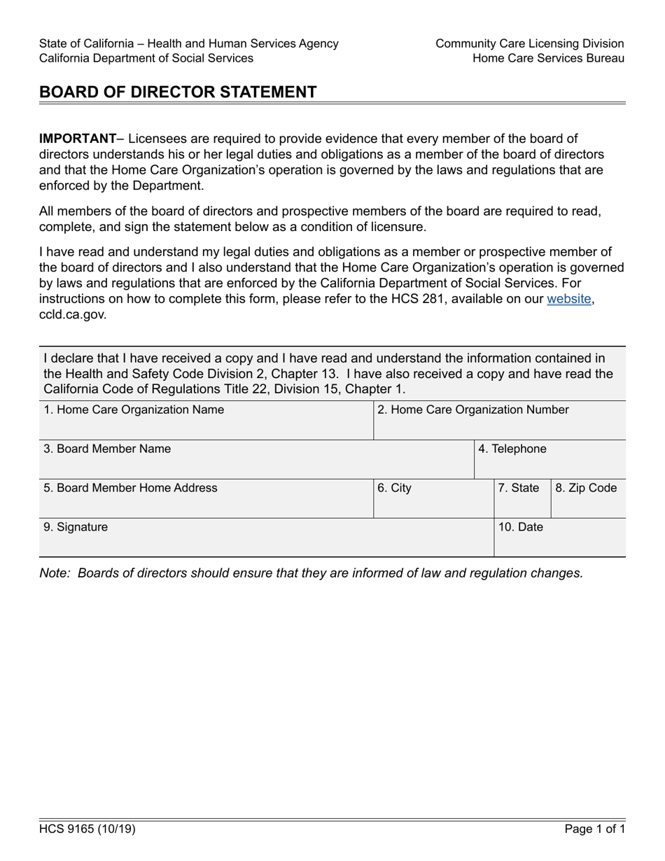 Form HCS9165 Download Fillable PDF or Fill Online Board of Director ...