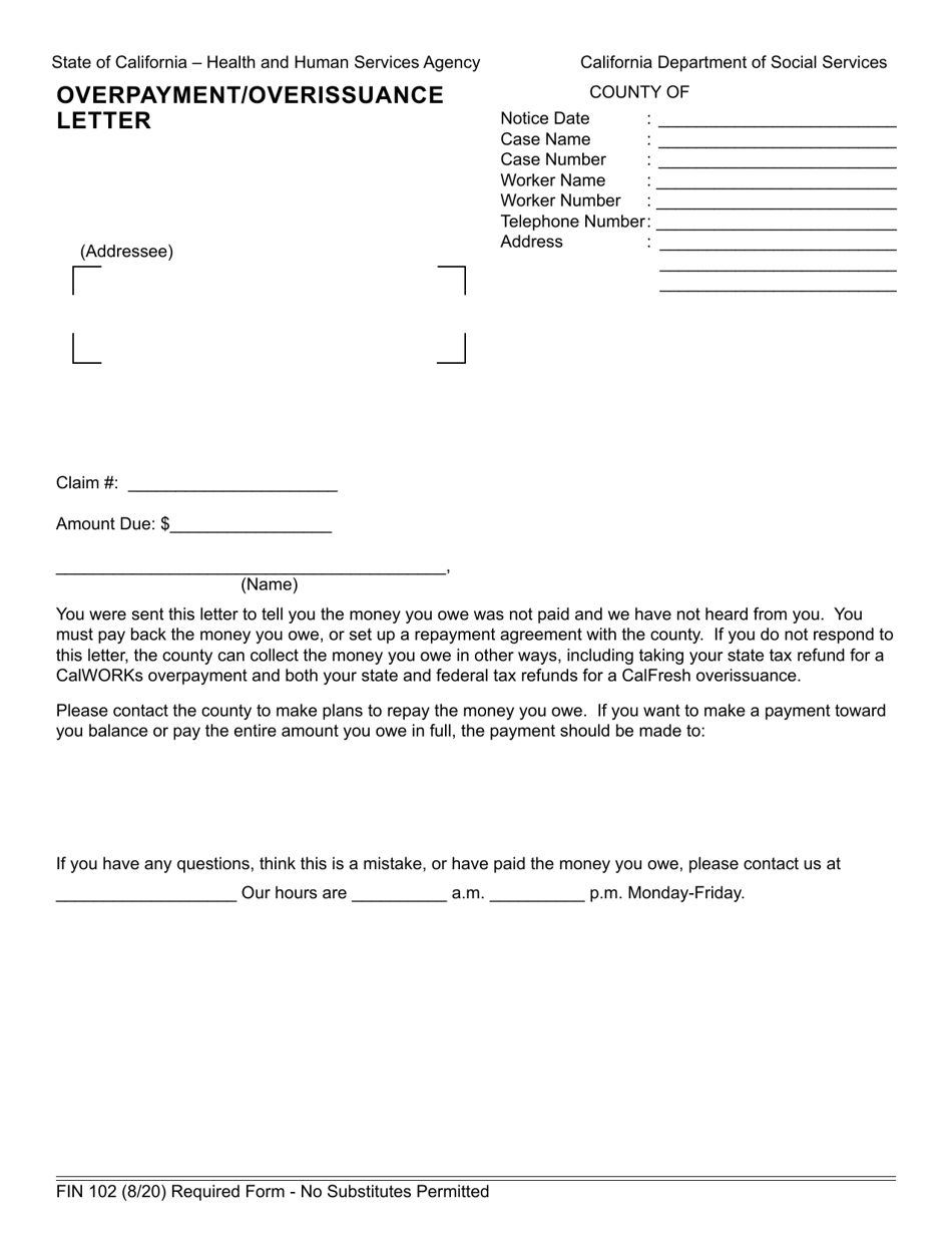 Form FIN102 - Fill Out, Sign Online and Download Fillable PDF ...
