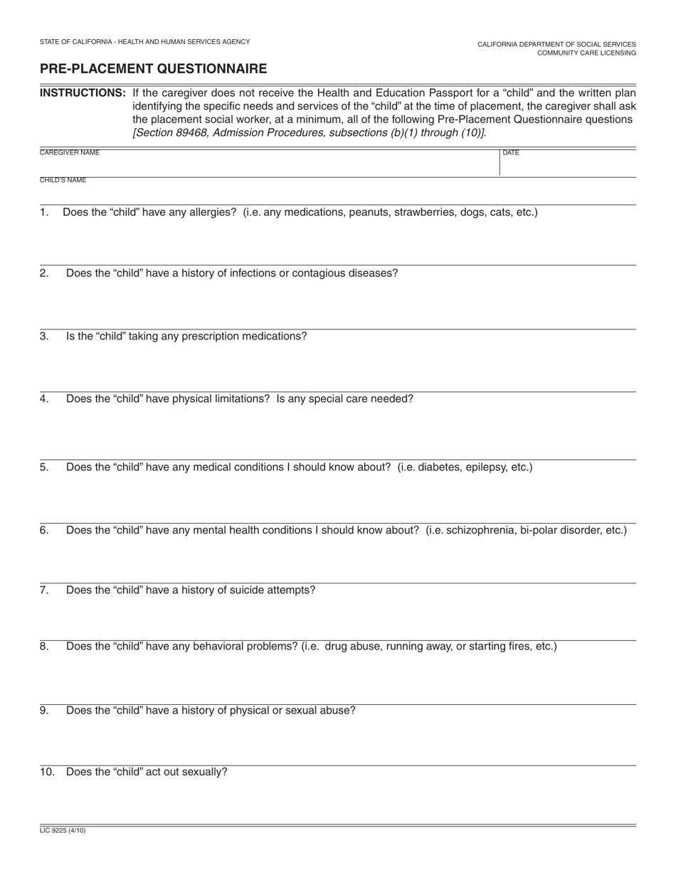 Form LIC9225 - Fill Out, Sign Online and Download Fillable PDF ...