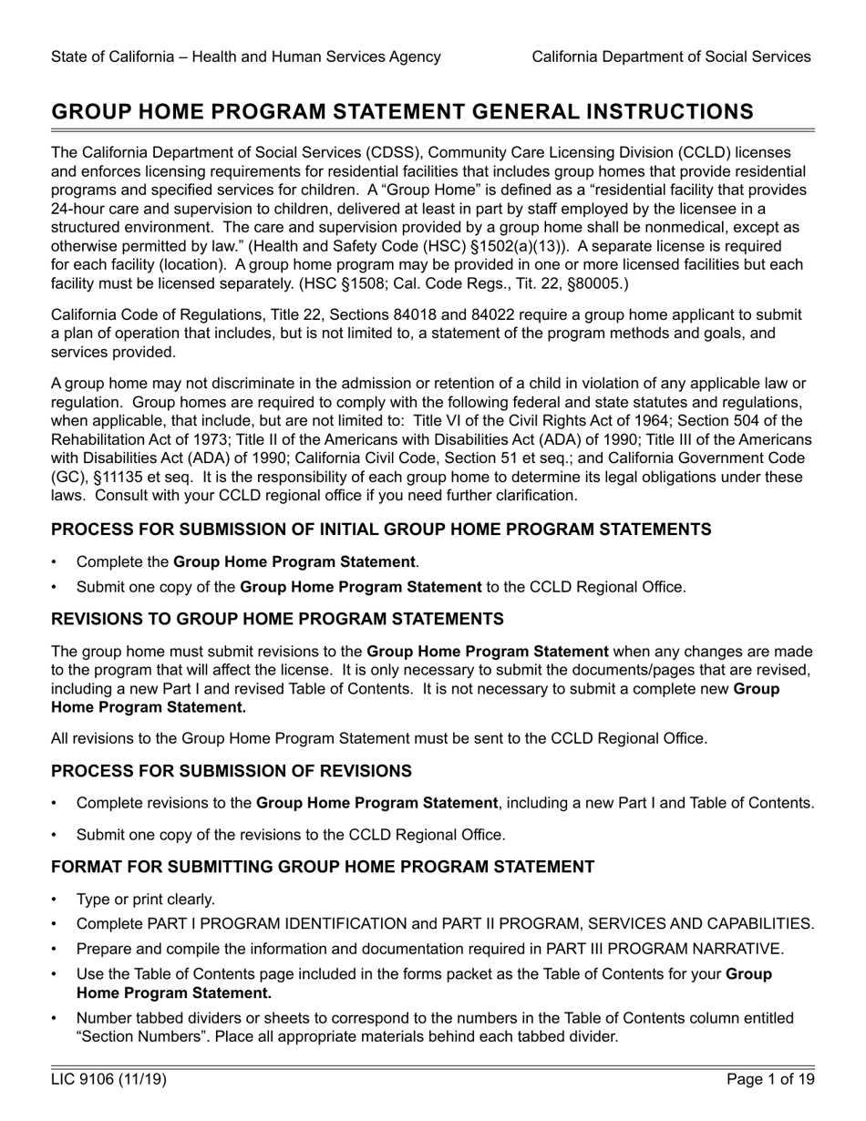 Form LIC9106 Download Fillable PDF or Fill Online Group Home Program ...
